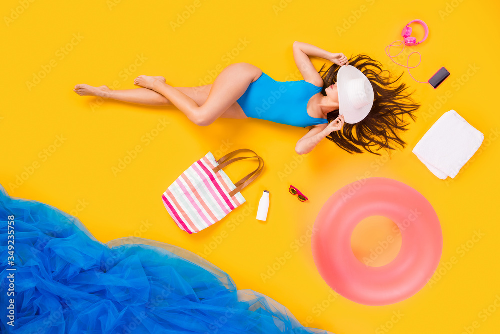 Full size high angle above flat lay view photo of beautiful lady lying ...