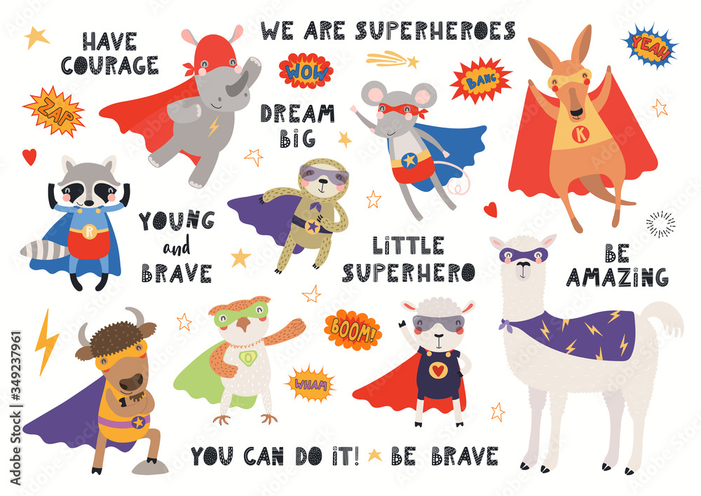 Big set of cute animal superheroes in masks, capes, flying, with quotes ...