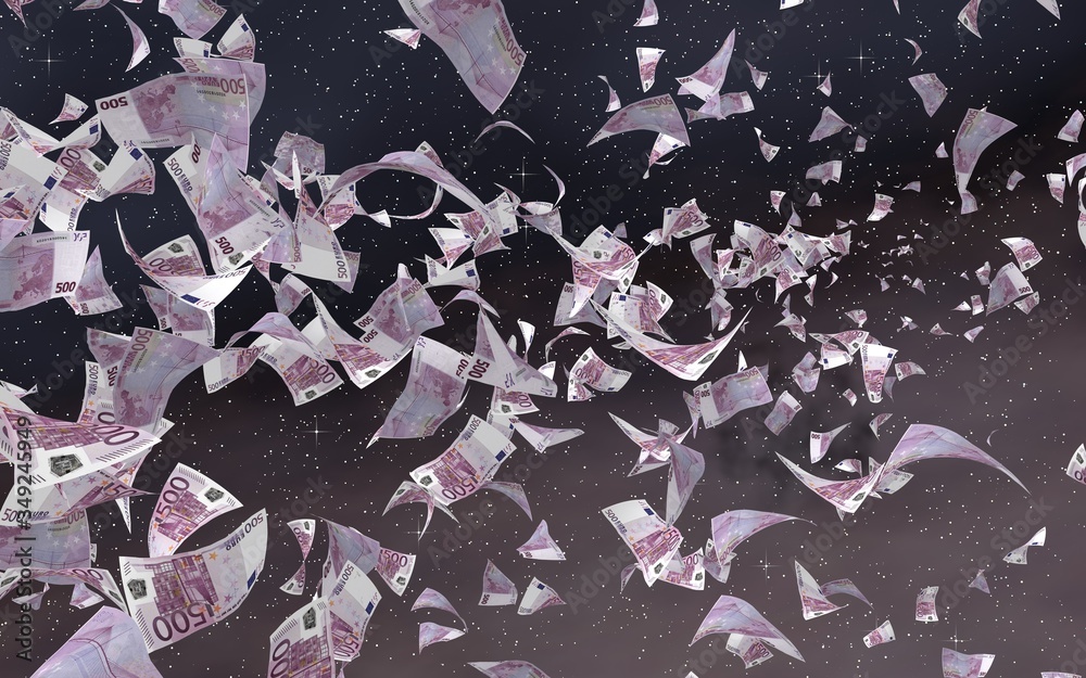 Flying euro banknotes on a outer space starry background. Money flying ...