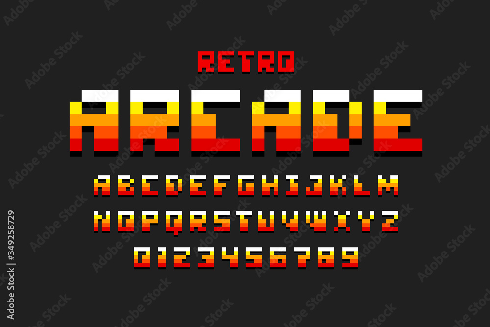 Pixel retro arcade game style font, 80s alphabet, letters and numbers ...