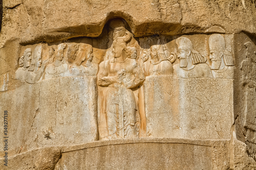 Ancient relief of the necropolis Naqsh-e Rustam that shows the triumph ...