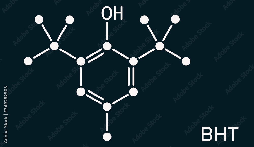 Butylated hydroxytoluene, BHT, dibutylhydroxytoluene molecule. It is ...