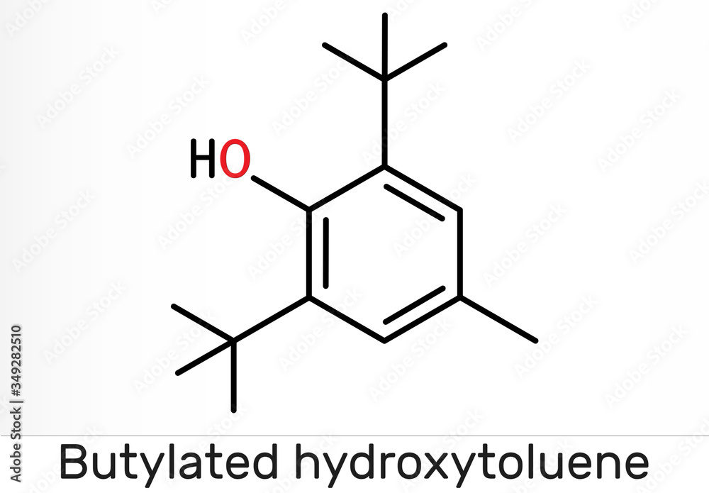 Butylated hydroxytoluene, BHT, dibutylhydroxytoluene molecule. It is ...