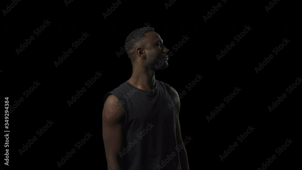 Young black man turning head left and right. Transparent isolated alpha ...