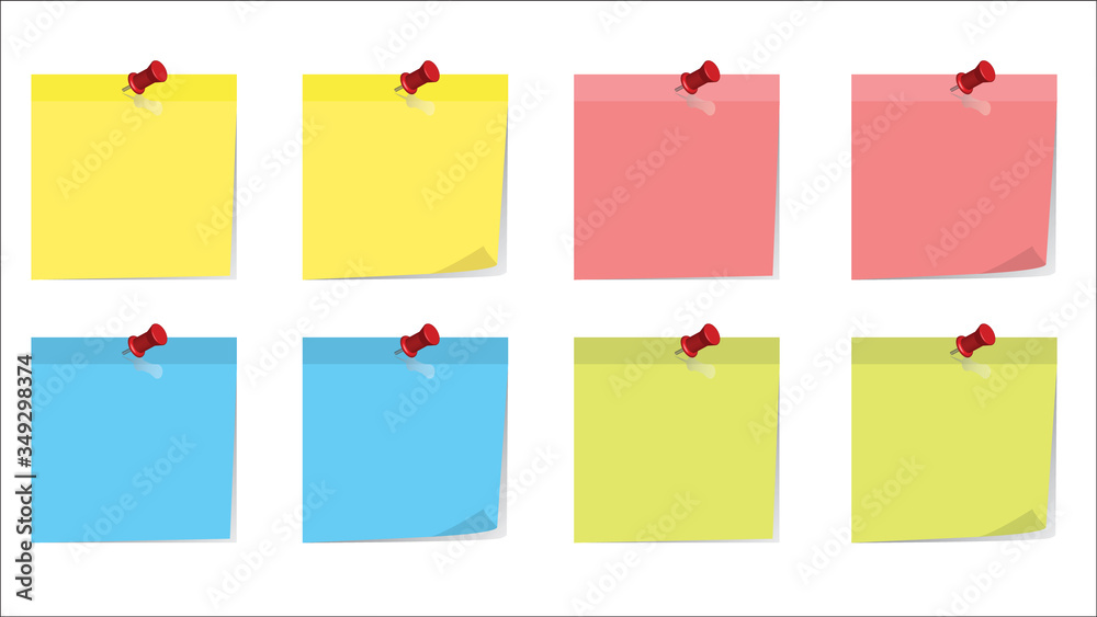 Collection of different color sticky note papers and push pin isolated ...