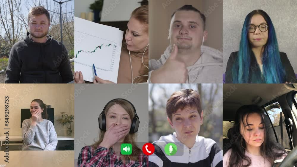 Interested and bored people discussing business strategy in video chat ...