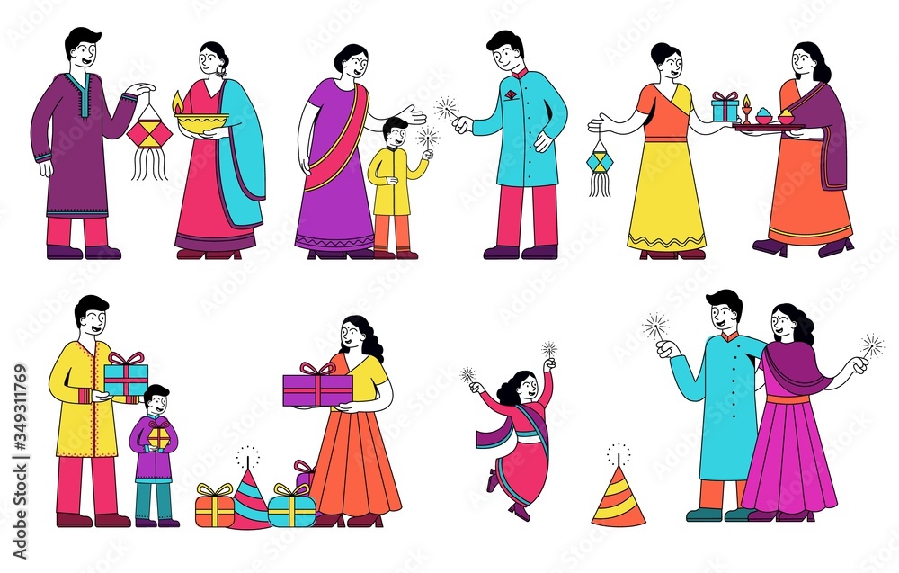 Set of colorful family scenes from India showing assorted family ...