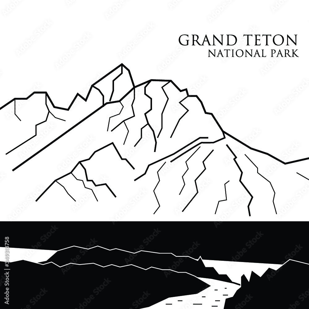 Vector black and white illustration of Grand Teton National Park with ...