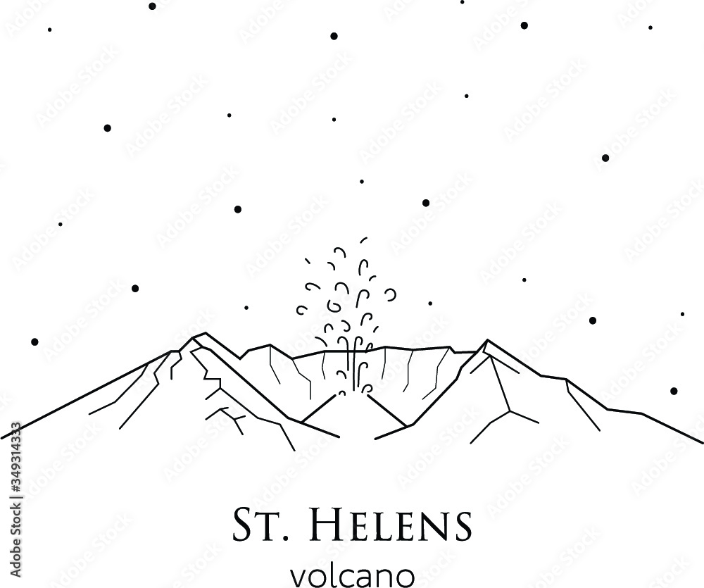 Black and white vector illustration with volcano St. Helens. Mount St ...