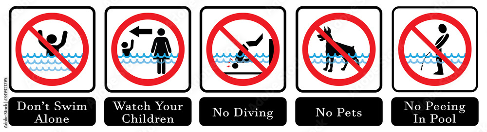 Swimming pool rules. Set of icons and symbol for pool. No Diving sign ...