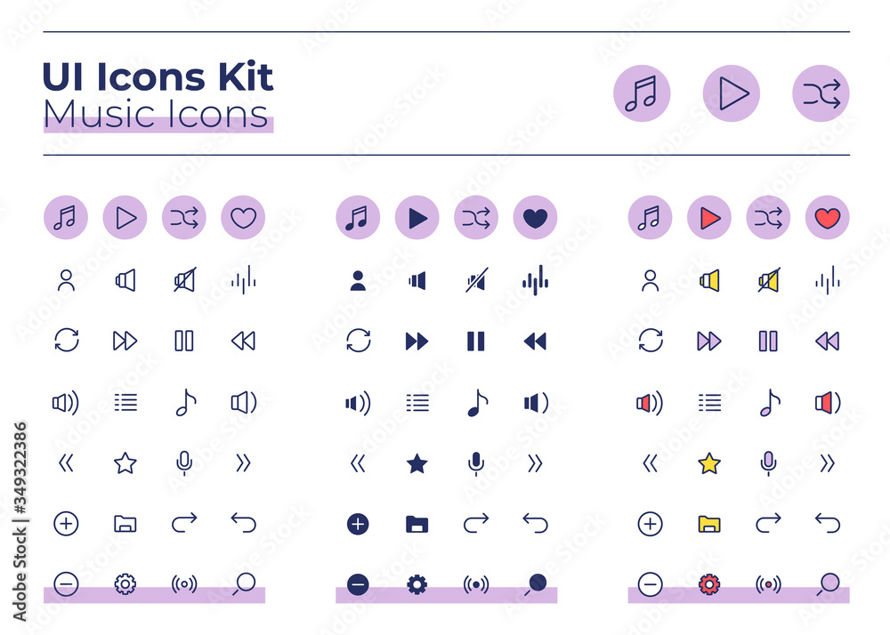 Music UI icons kit. Audio player thin line, glyph and color vector ...