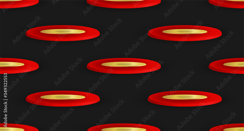Seamless pattern with red and gold frisbee on black background. Design ...