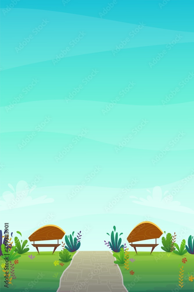 Walk along the road in the park. walking path, bench and green grass ...