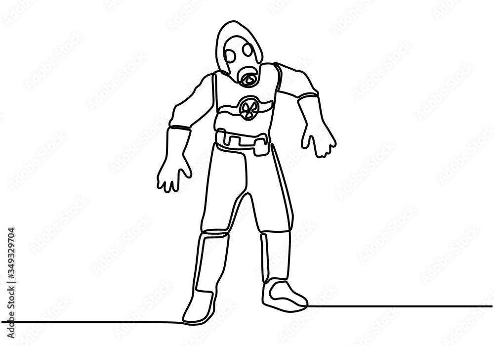 One line drawing art of standing doctor wearing safety suit to prevent ...