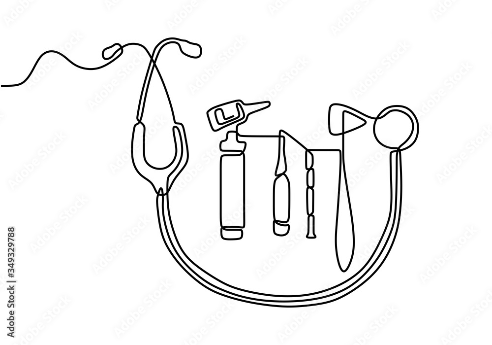 One single line drawing of medical equipment. Stethoscope, syringe ...