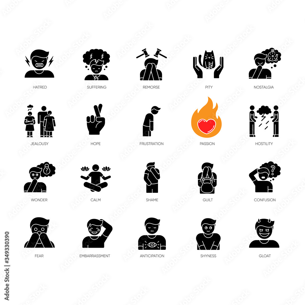 Human feelings black glyph icons set on white space. Psychological ...