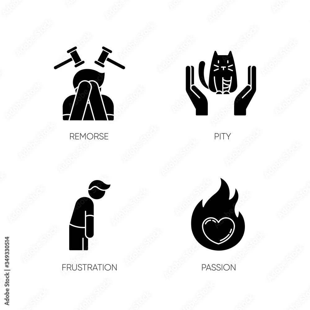 Human emotion black glyph icons set on white space. Remorse for ...