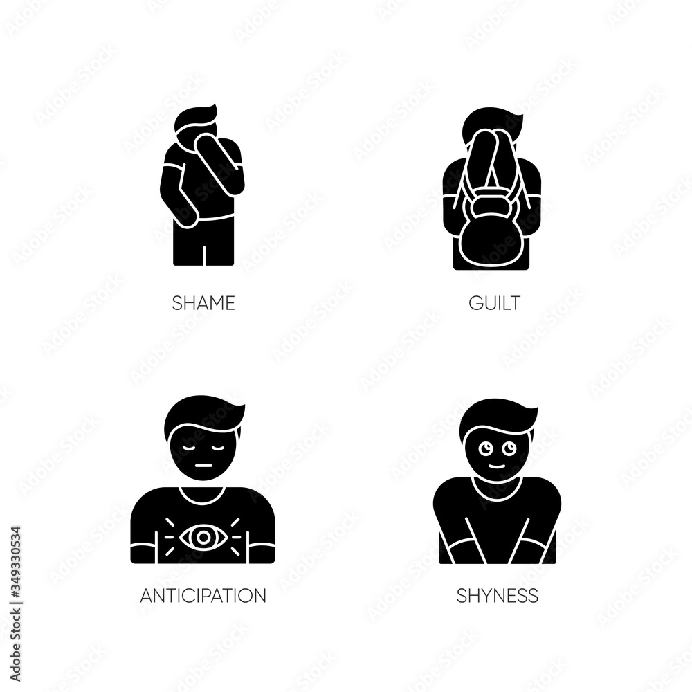 Human behaviour black glyph icons set on white space. Feeling of shame ...