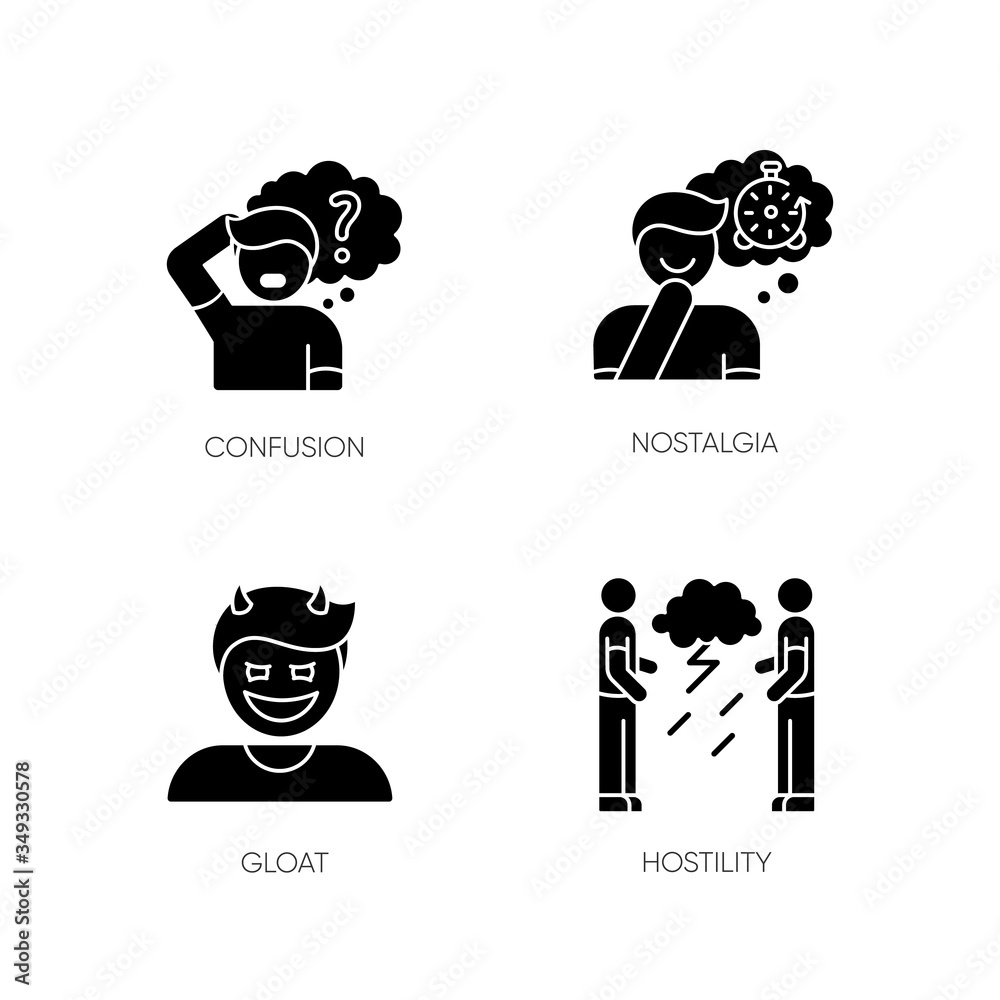 Human attitude black glyph icons set on white space. Man think in ...