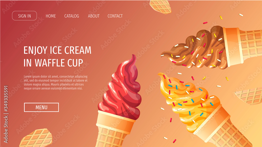 Website design for Ice cream parlor or shop, Sweet products, Dessert. Flying ice-creams in ...