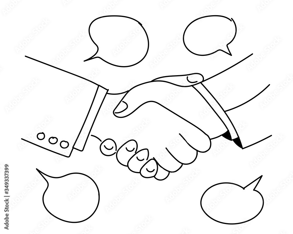 Business man shaking hands and speaking on bubble speech with agreement ...