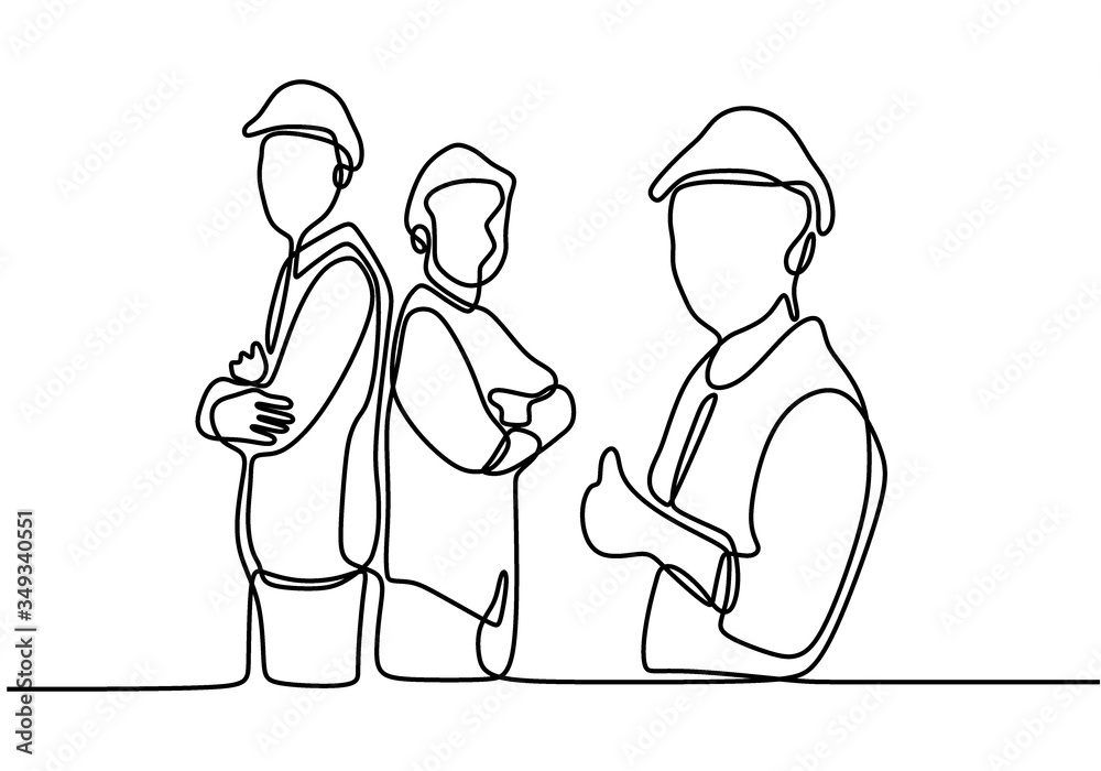 Single line drawing of young construction worker foreman with team ...