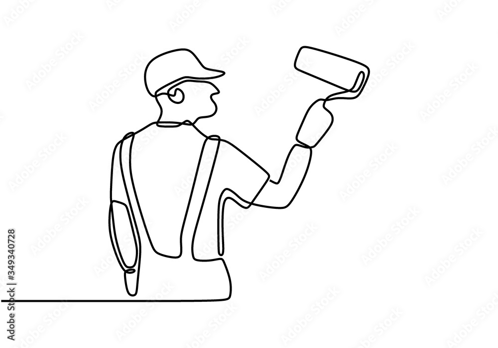 One single line drawing of young attractive handyman painting house ...