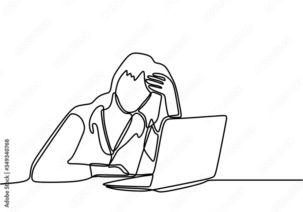 Vecteur Stock Continuous line drawing of woman with laptop feels ...
