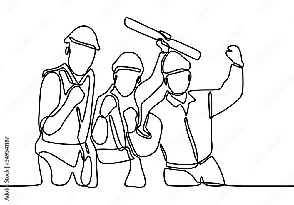 Single line drawing of young construction worker foreman with team ...
