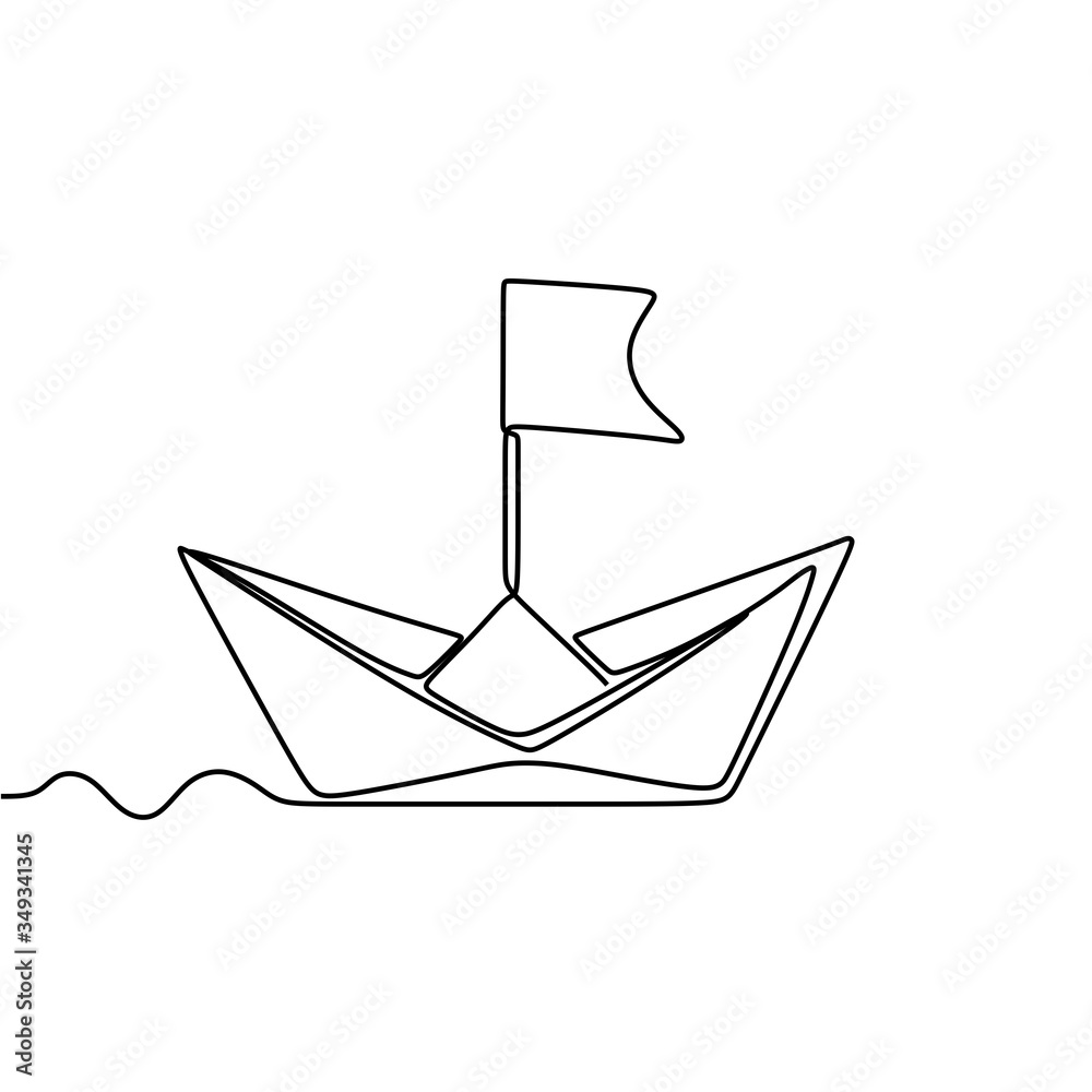 Continuous one drawn line of paper ship isolated on white background ...