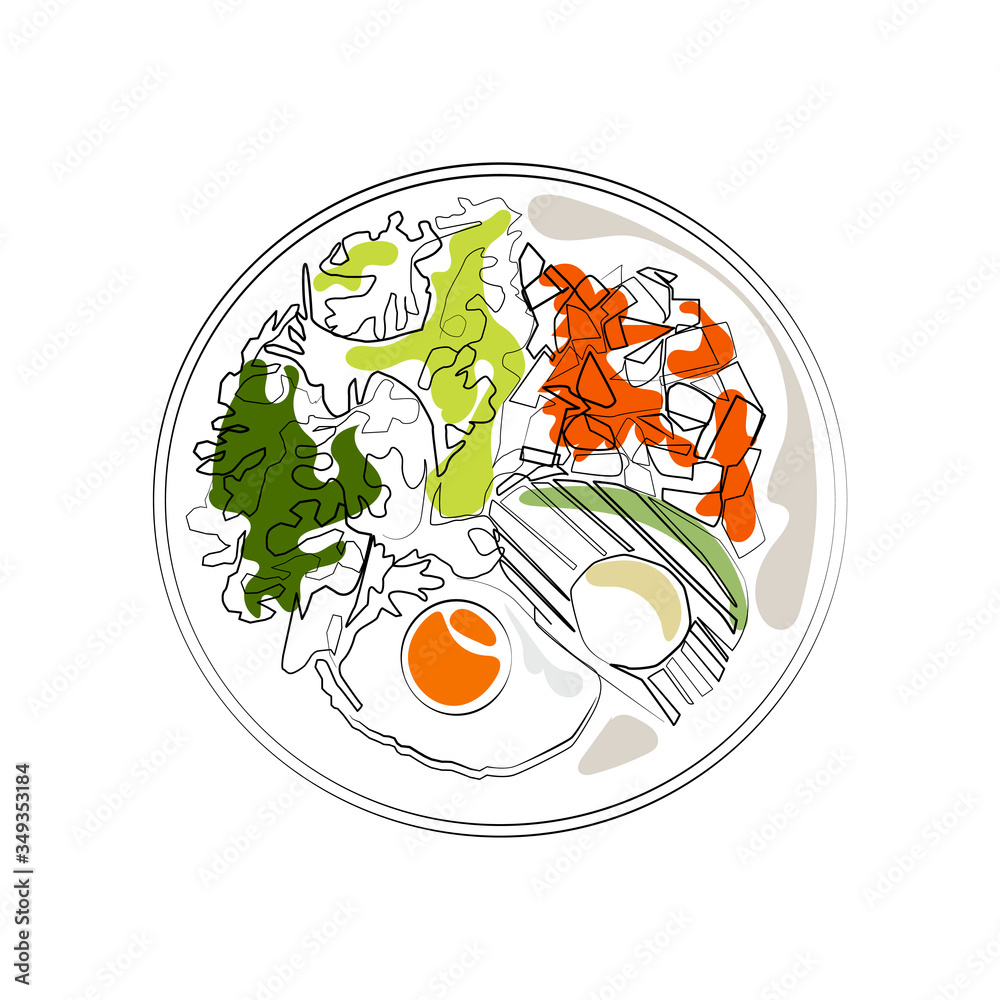 Food on the plate continuous one line drawing. Vector meal for eating ...