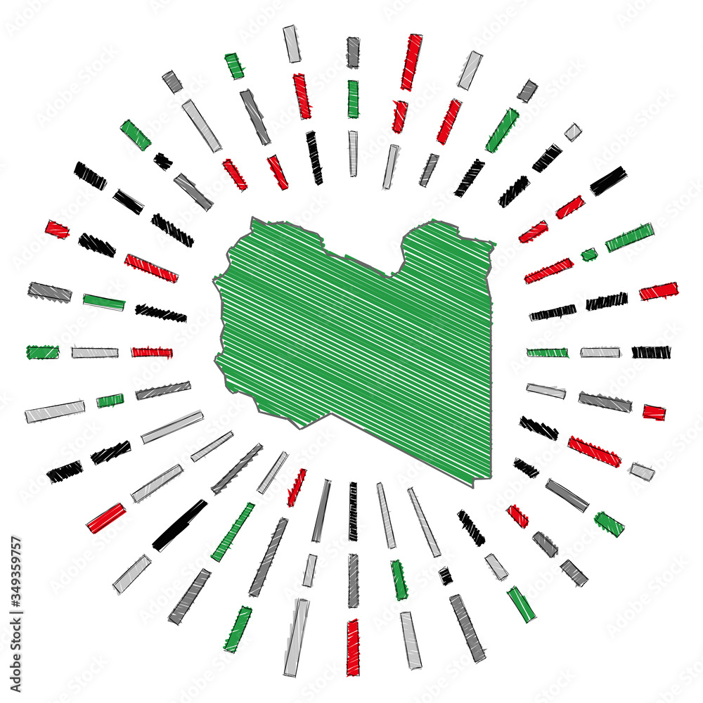 Sketch map of Libya. Sunburst around the country in flag colors. Hand ...