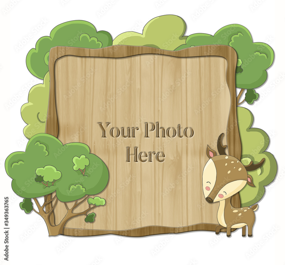 Wooden frame with cute cartoon childish forest animals deer bamby elk ...
