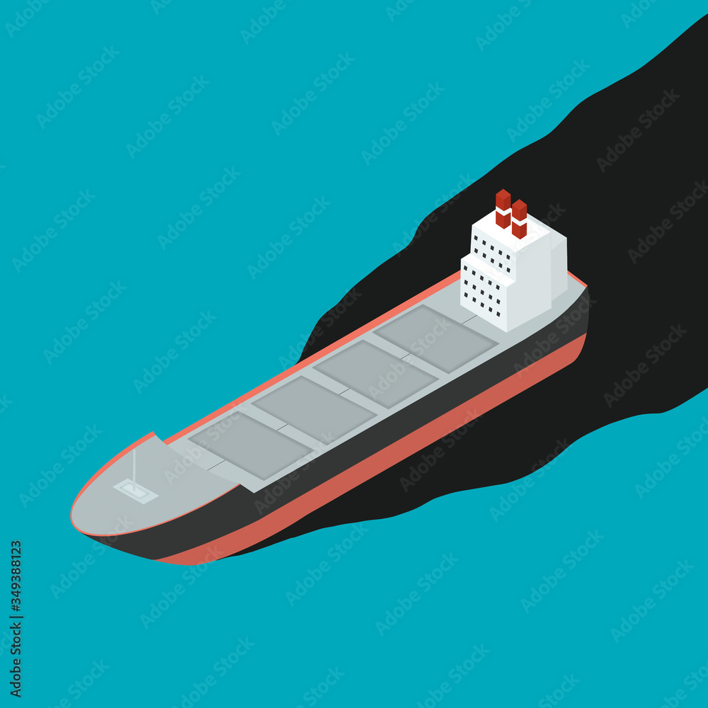 Broken oil tanker ship in the ocean. Oil spill accident. Pollution ...