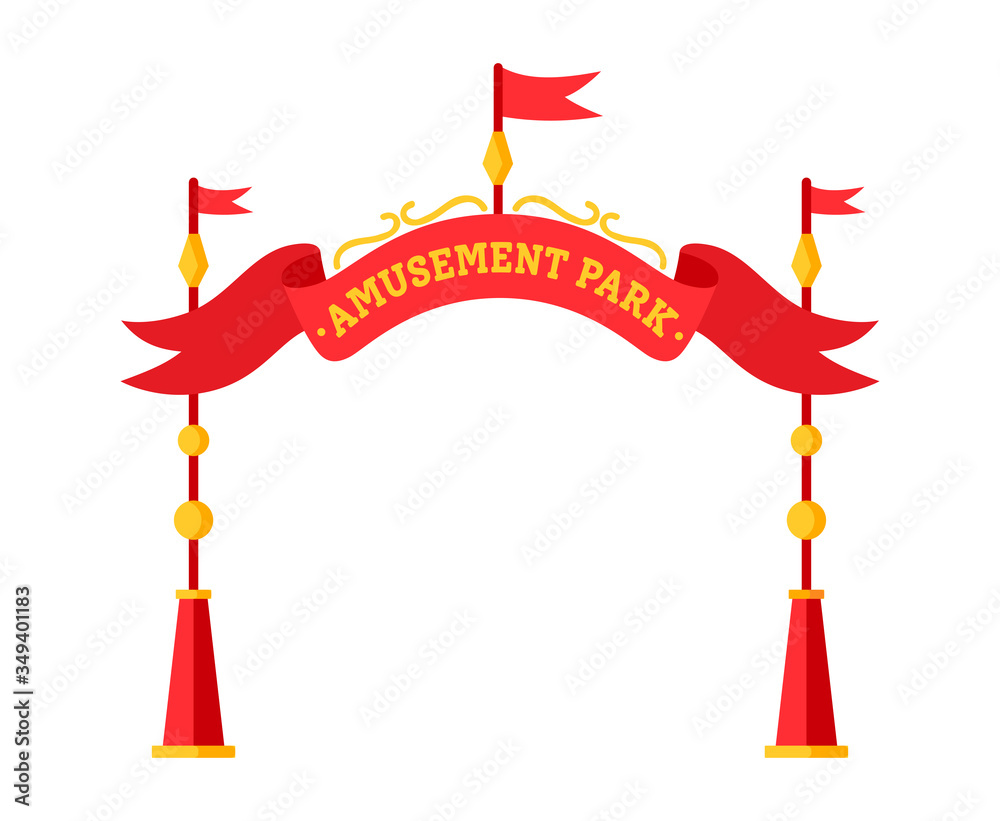Amusement park entrance flat. Entrance ticket booth, circus ...