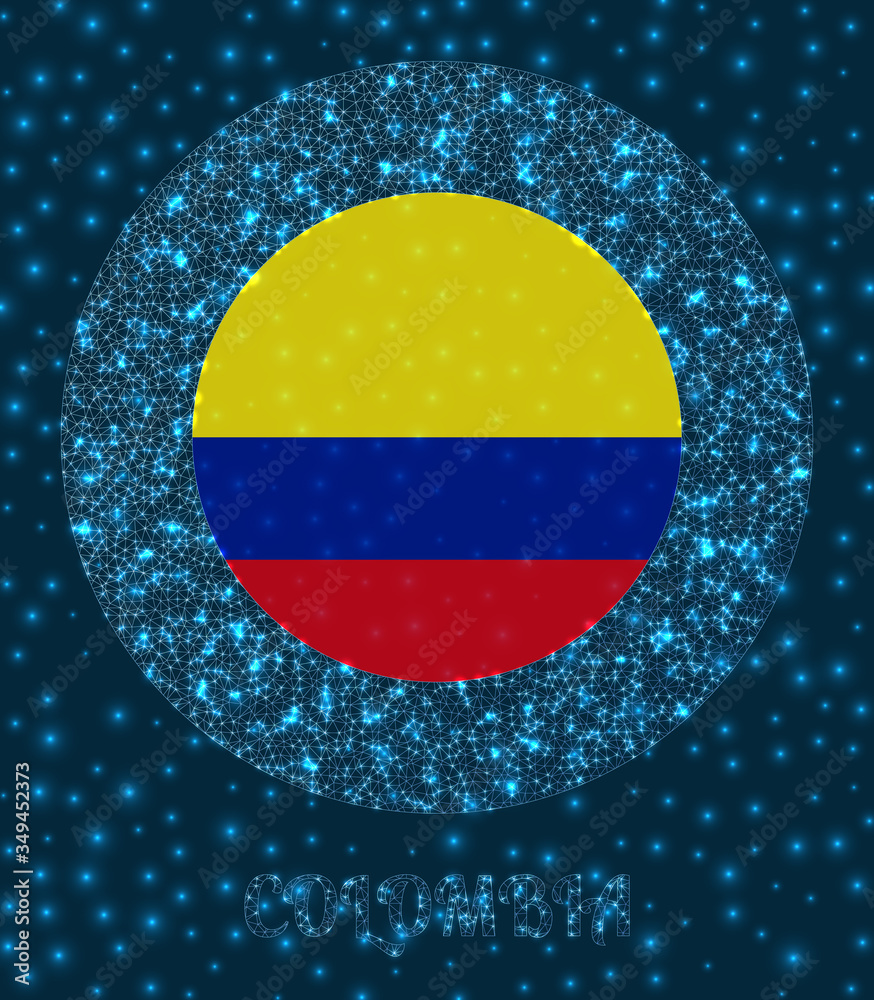 Round Colombia badge. Flag of Colombia in glowing network mesh style ...
