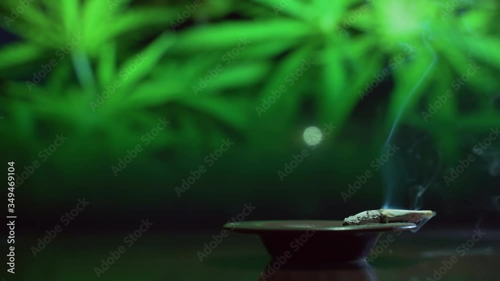 Close up. Hash tray with cigarette and a smoking activity. hand rolled cigarette is smoked. A ...