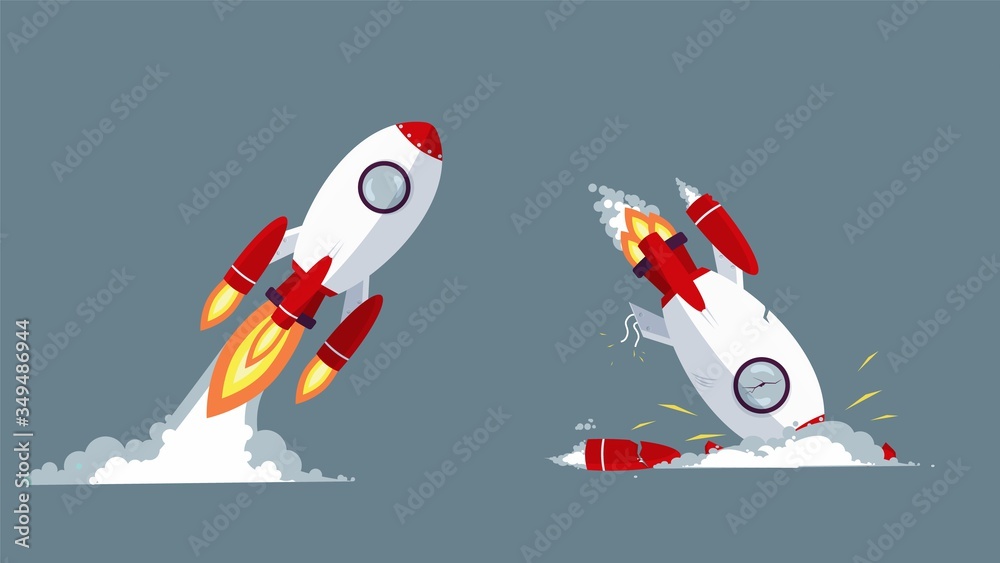Cartoon rocket taking off and crash vector graphic illustration ...