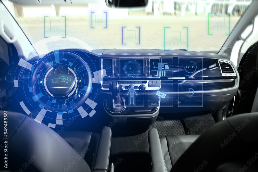 Futuristic technology. Car interior with graphical user interface Stock ...
