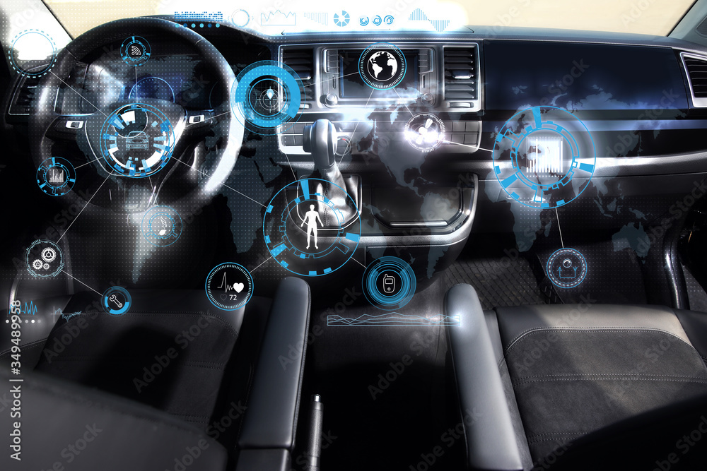 Futuristic technology. Car interior with graphical user interface Stock ...