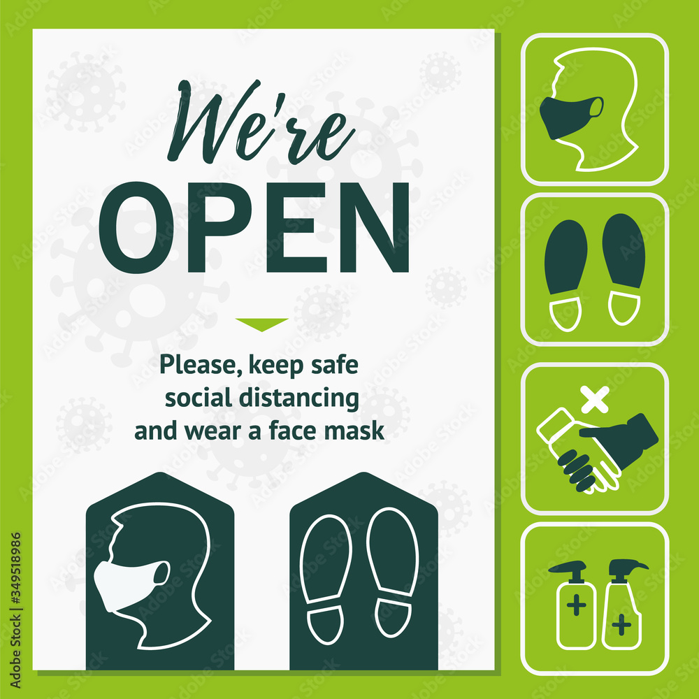 Poster "We`re open". Set green stickers for public places where there ...