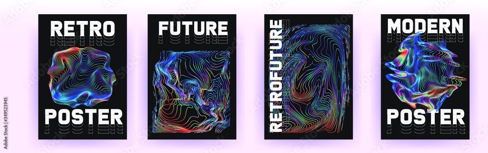 Set of retrofuturistic posters with holographic chromatic shapes in ...