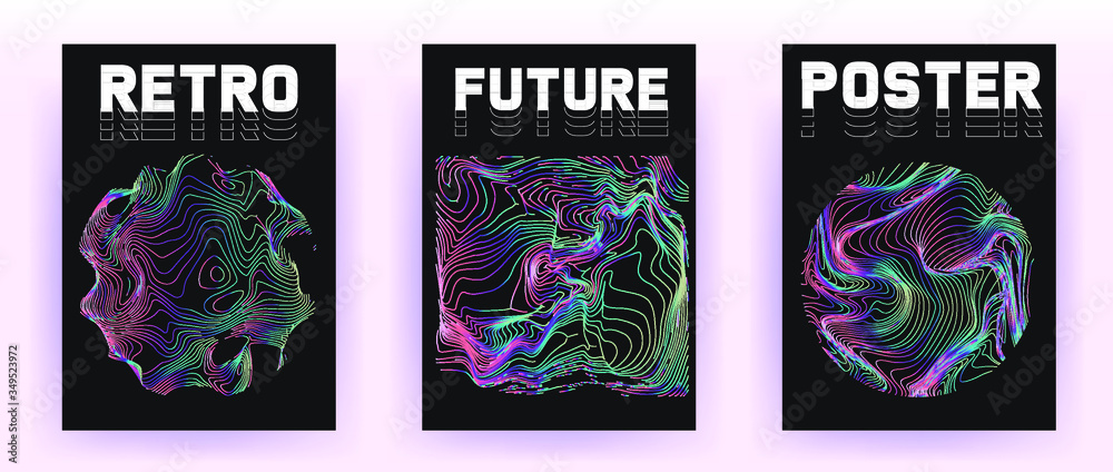 Set of retrofuturistic posters with holographic chromatic shapes in ...