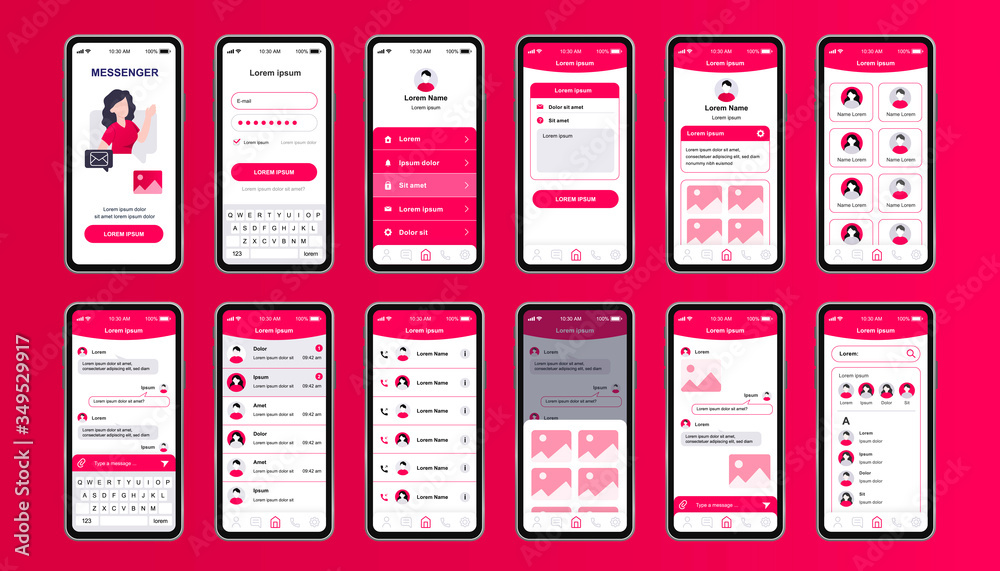 Online messenger unique design kit for app. Social network screens with ...