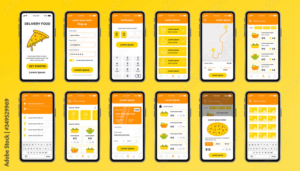 Delivery food unique design kit for app. Online pizzeria screens with ...