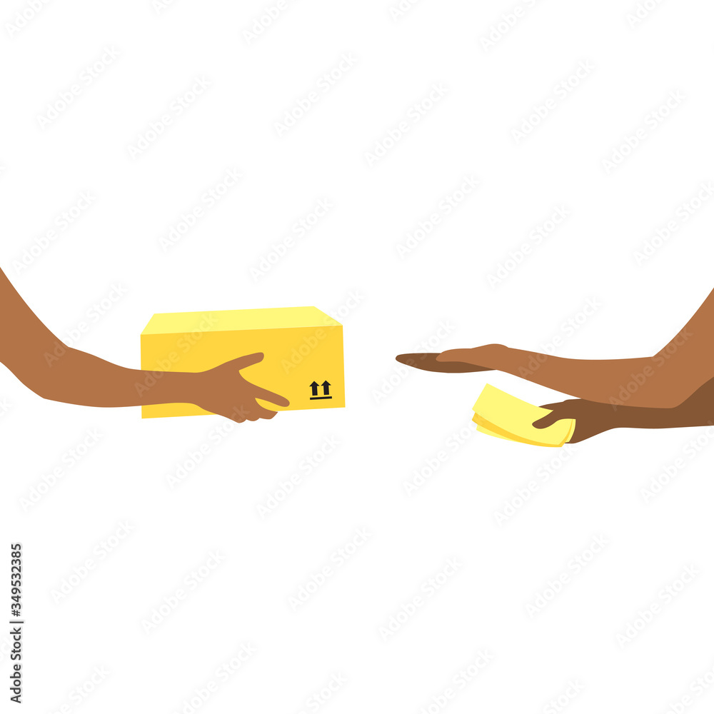 Vector illustration of courier's hands with package and human reaching ...