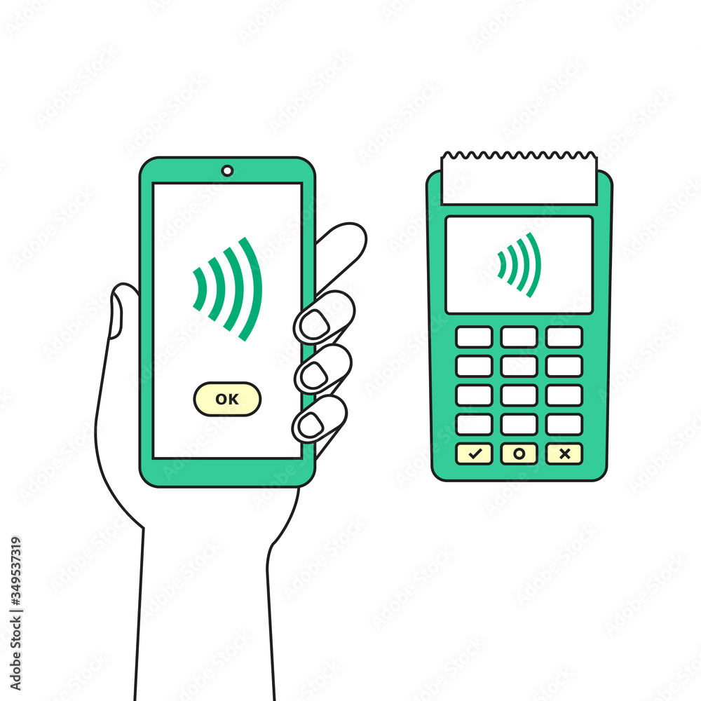 Mobile payment concept in line art. Paying with mobile phone at the POS ...