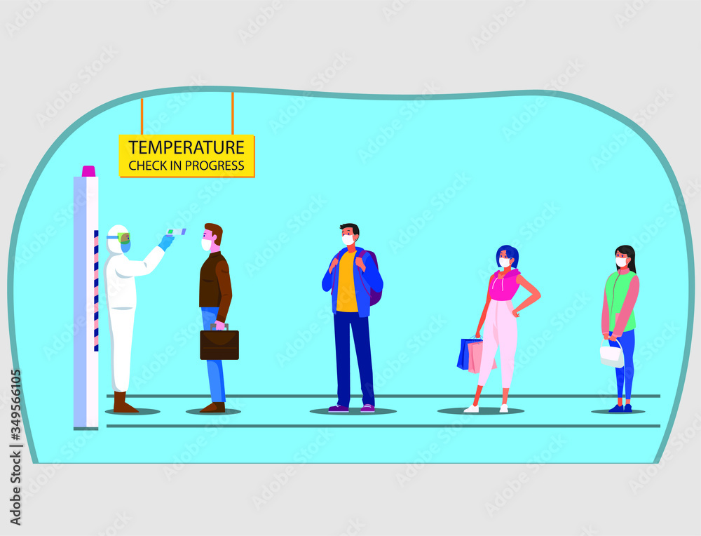 Body temperature Check in progress at office entrance vector background ...