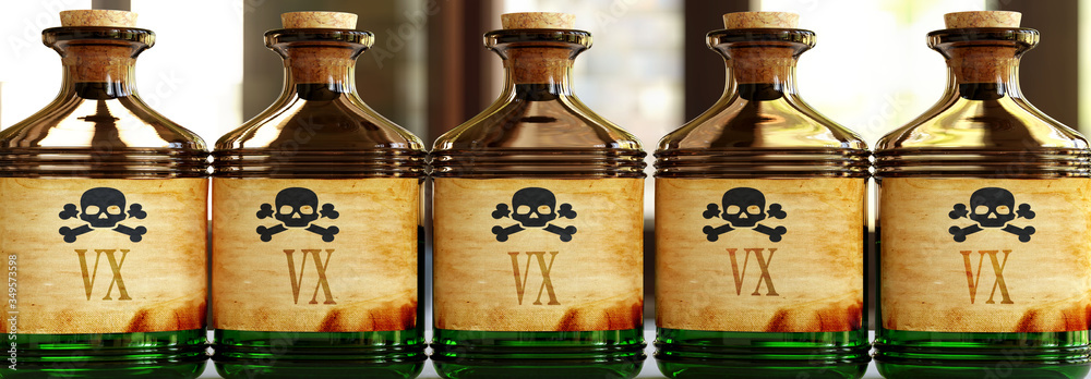Vx can be like a deadly poison - pictured as word Vx on toxic bottles ...