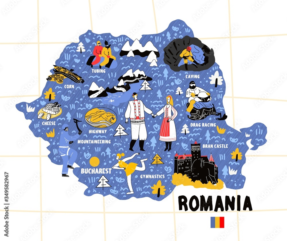 Romania map flat hand drawn vector illustration flag. Names lettering ...